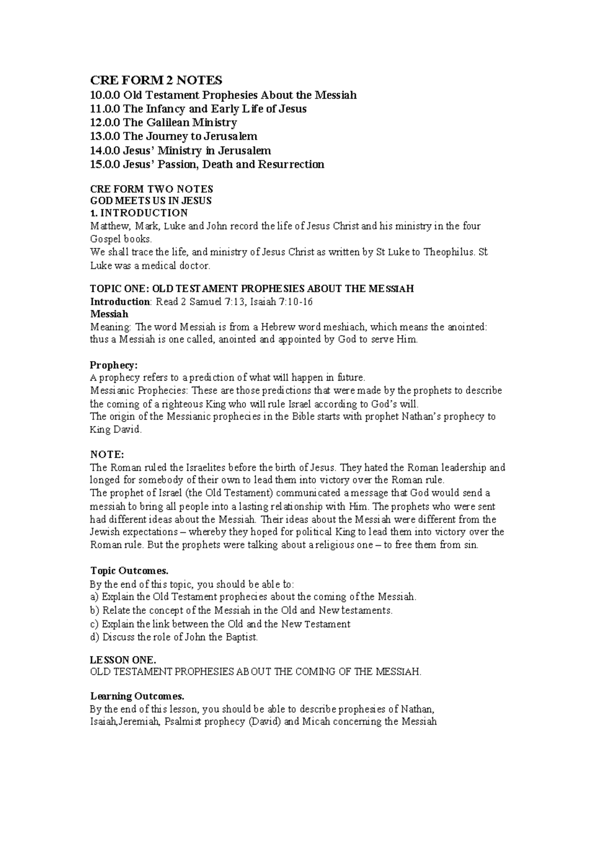 CRE FORM 2 Notes - Teaching - CRE FORM 2 NOTES 10.0 Old Testament ...