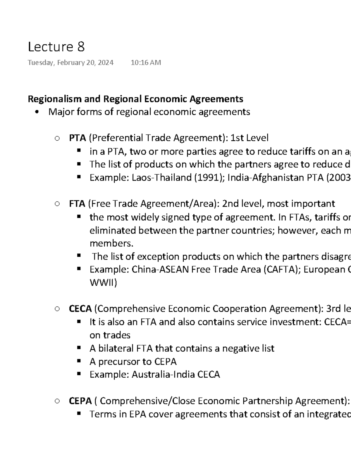 Lecture 8 - Regionalism and Regional Economic Agreements Major forms of ...