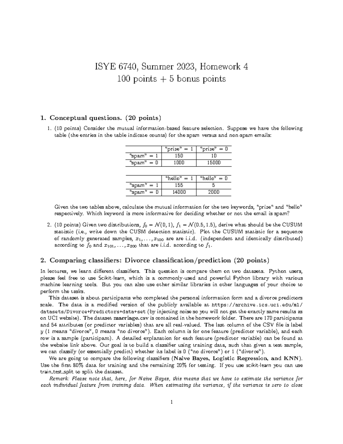 Homework 4 - ISYE 6740, Summer 2023, Homework 4 100 points + 5 bonus ...