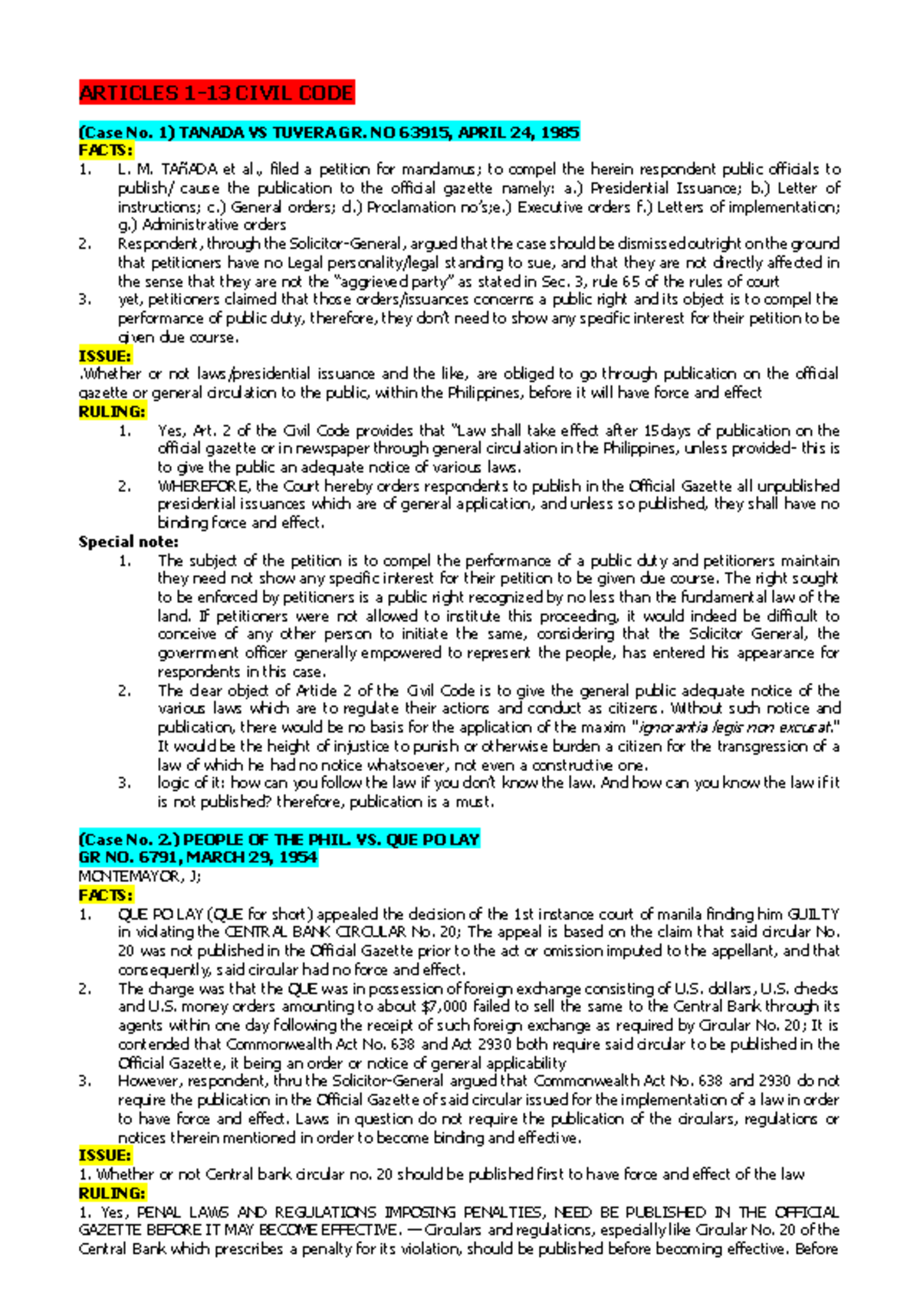 Cases for Articles 1 23 - ARTICLES 1-13 CIVIL CODE (Case No. 1) TANADA ...