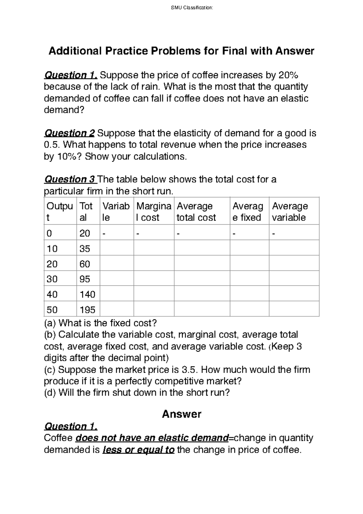 Additional Practice Problems for Final with Answer - SMU Classification: Additional Practice ...