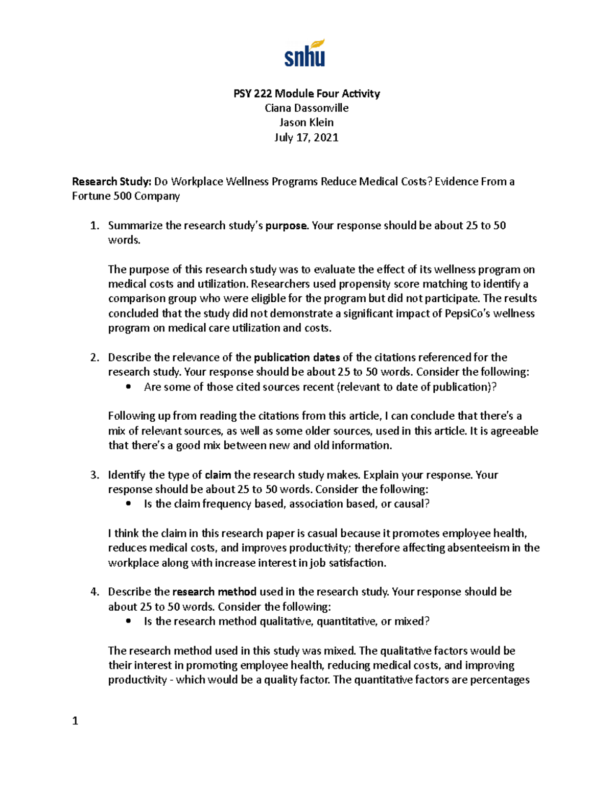 PSY222 Module Four Activity - 2021/2022 - PSY 222 Module Four Activity ...