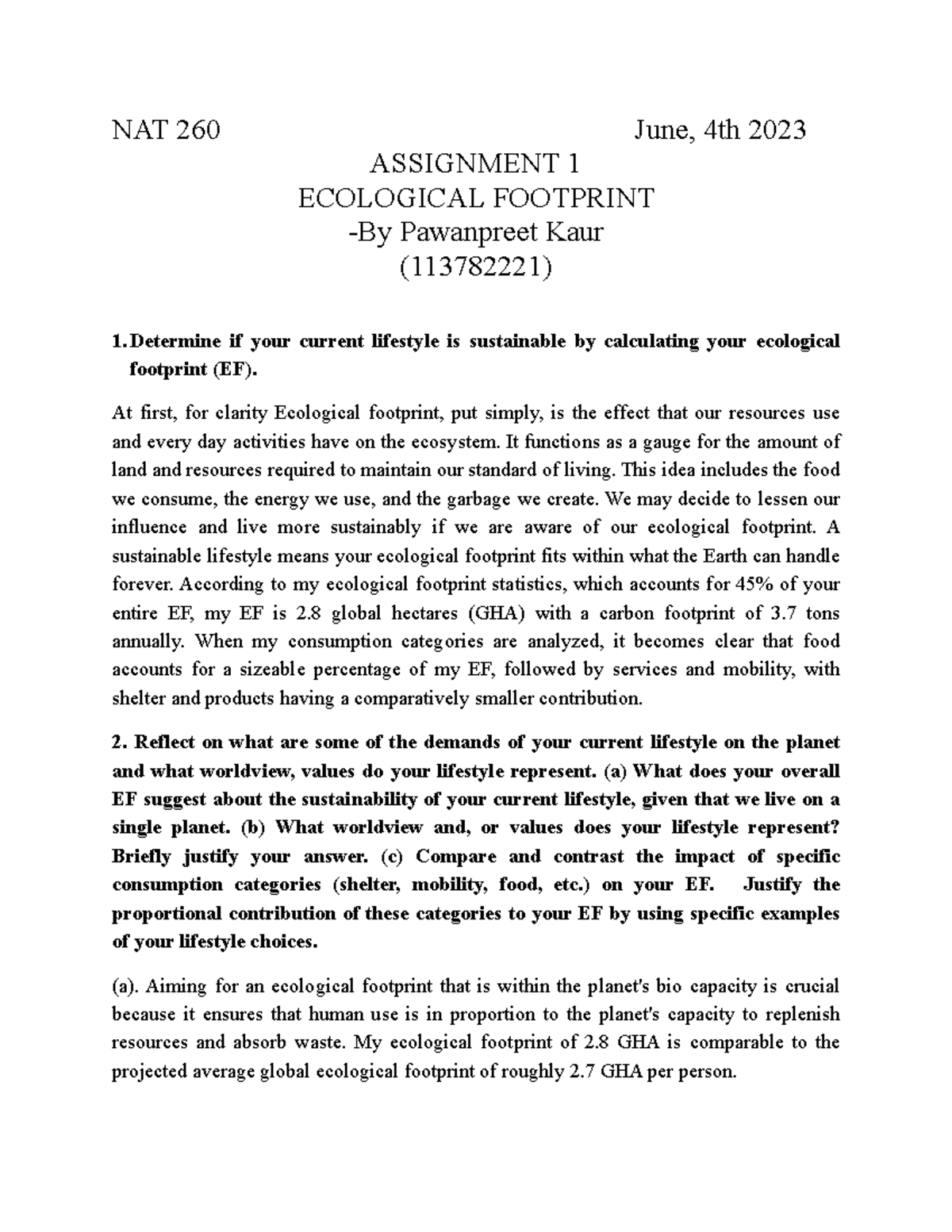 12345656778r pdf - NAT 260 June, 4th 2023 ASSIGNMENT 1 ECOLOGICAL FOOTPRINT -By Pawanpreet Kaur ...