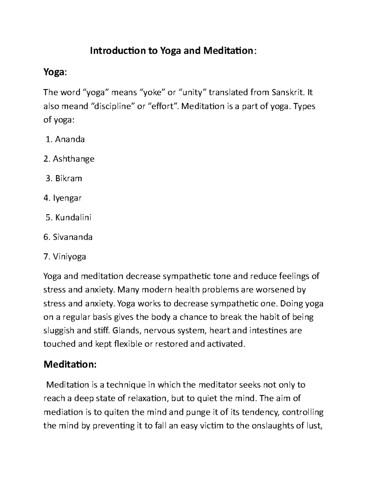 Introduction to Yoga and Meditation - Introduction to Yoga and ...