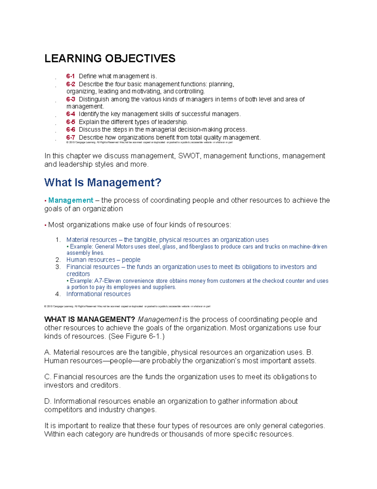Chapter 6 - LEARNING OBJECTIVES 6-1 Define what management is. 6-2 ...