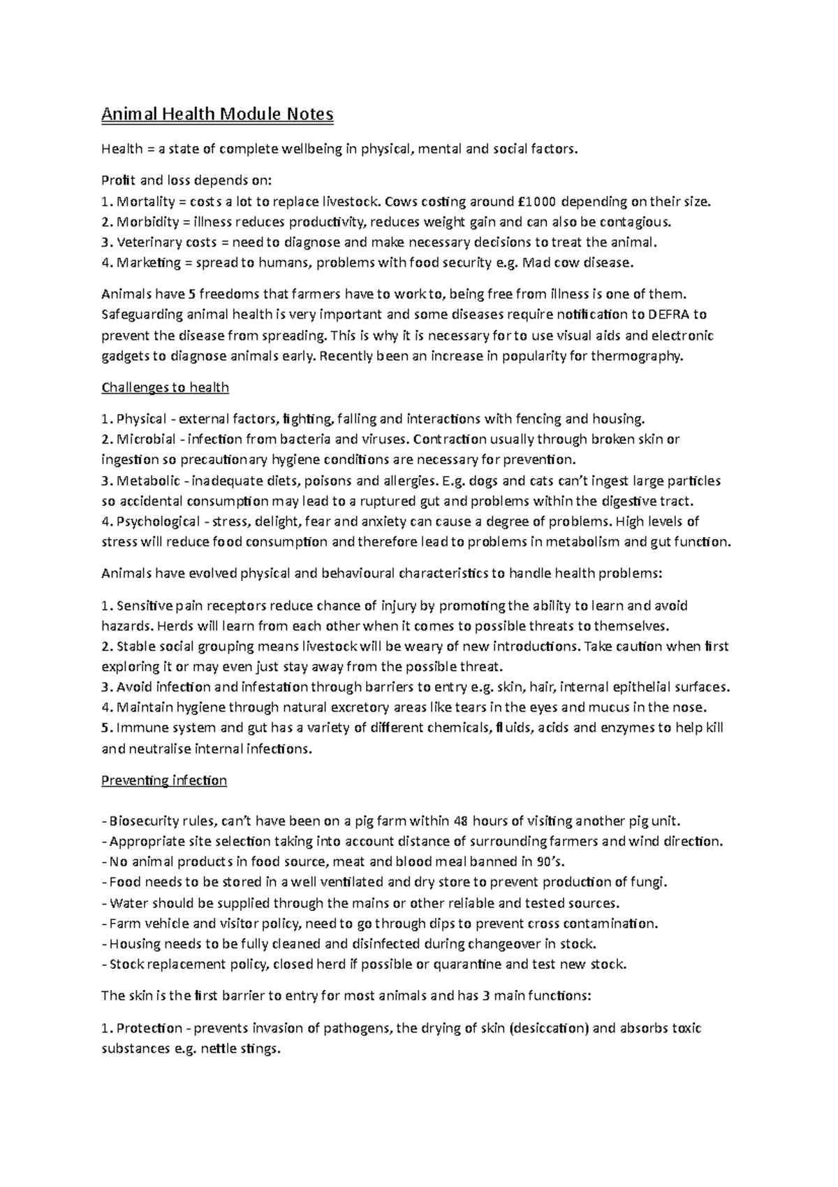 Animal Health Module Notes - Animal Health Module Notes Health = a ...