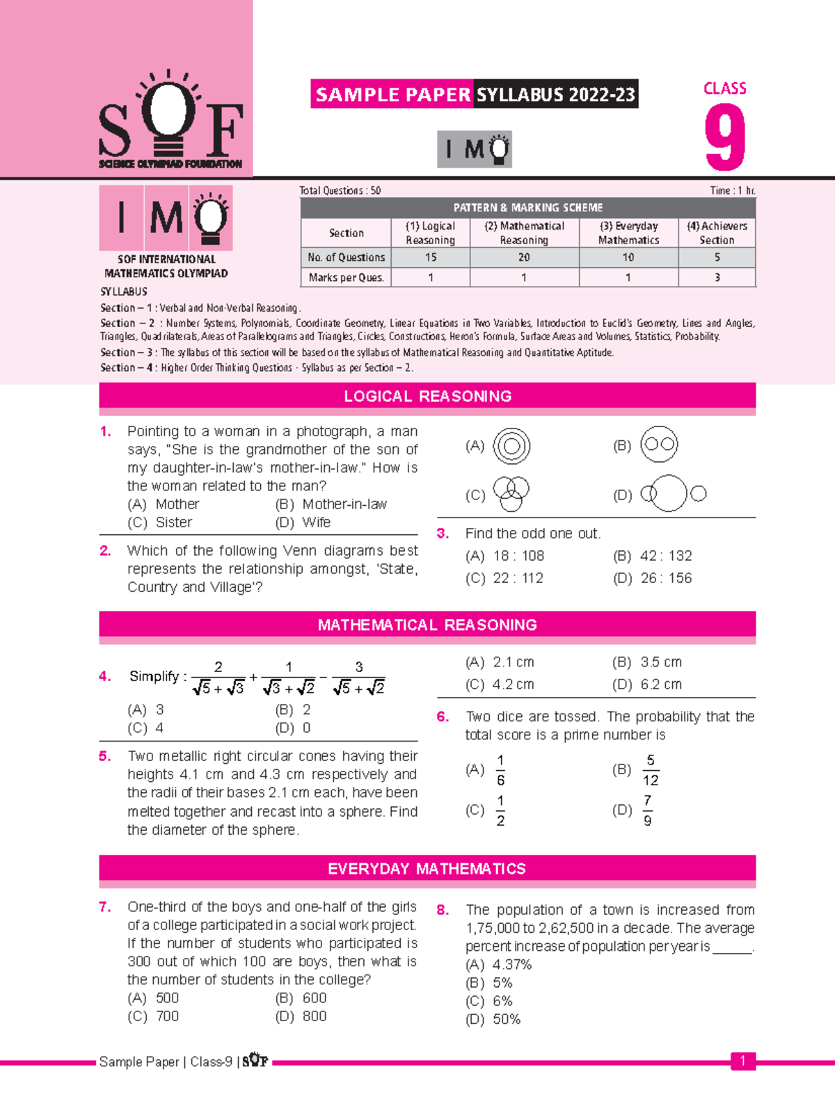 Imo sample paper class-9 - Sample Paper | Class-9 | 1 LOGICAL REASONING Pointing to a woman in a ...