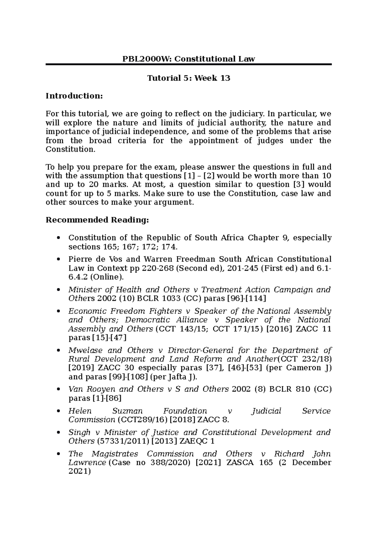 Con Law Tutorial 5 96 - PBL2000W: Constitutional Law Tutorial 5: Week ...