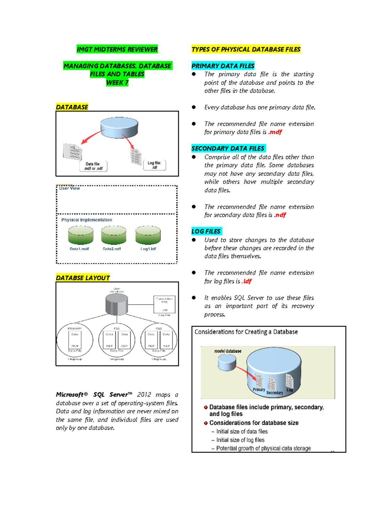 IMGT- Midterms- Reviewer - IMGT MIDTERMS REVIEWER MANAGING DATABASES, DATABASE FILES AND TABLES ...