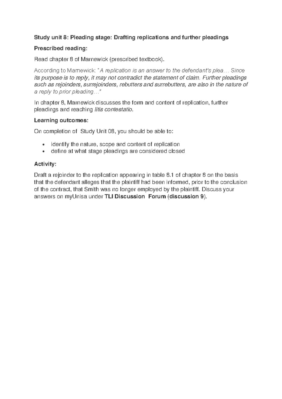 Study unit 8 Pleading stage Drafting replications and further pleadings ...