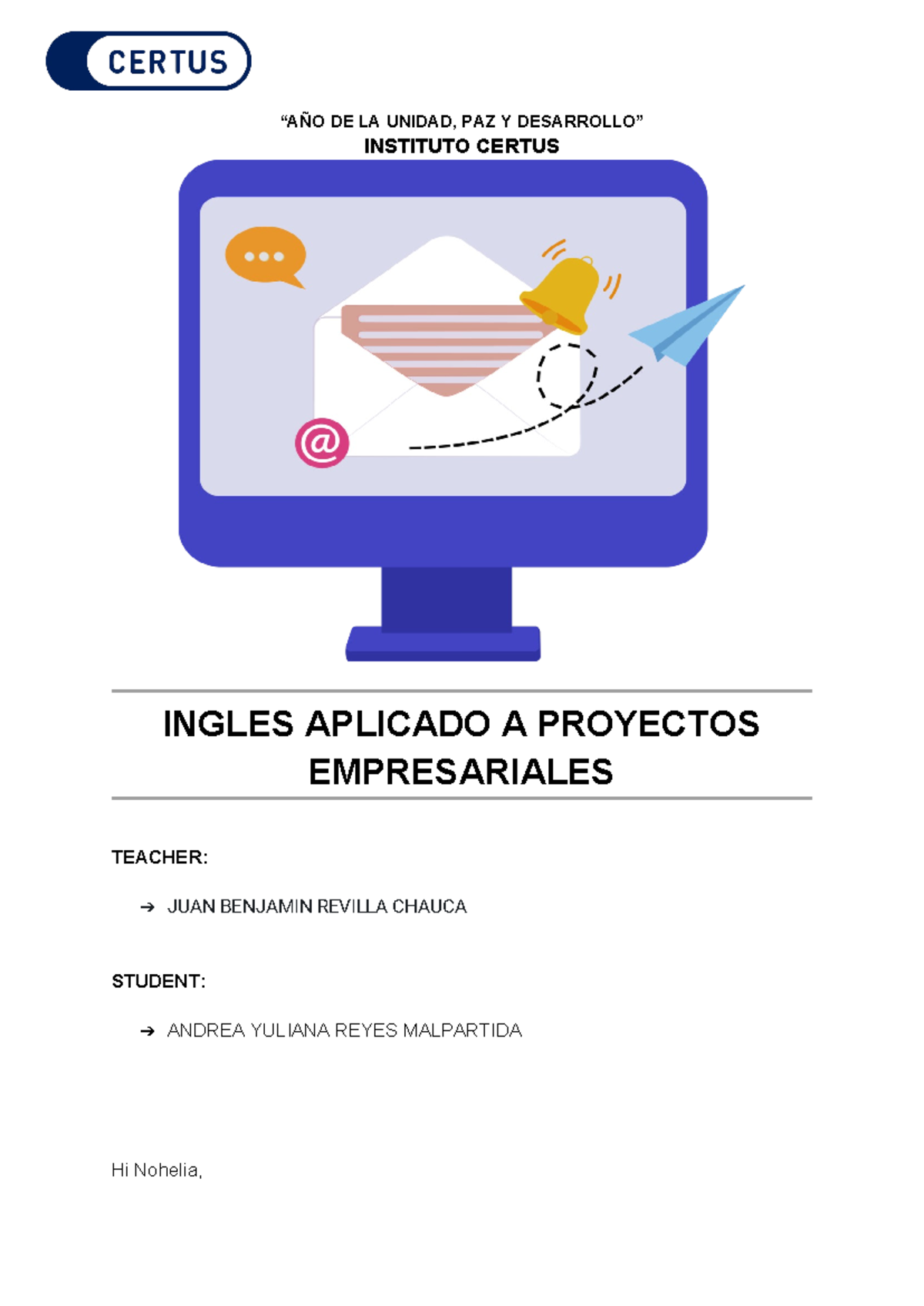 AA3 - English - ingles IV CICLO - “AÑO DE LA UNIDAD, PAZ Y DESARROLLO” INSTITUTO CERTUS INGLES ...