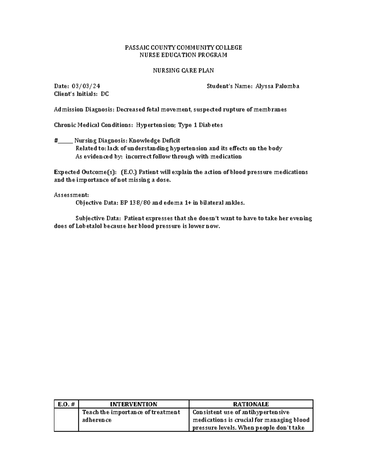 Week 4 care plan - PASSAIC COUNTY COMMUNITY COLLEGE NURSE EDUCATION ...