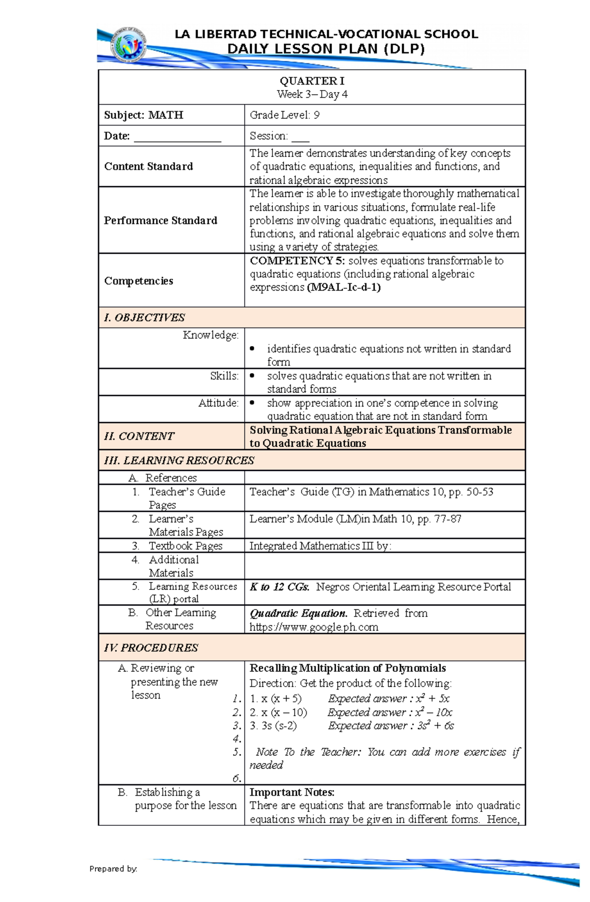 DLL MATH9 C5 Q1 - DLL - DAILY LESSON PLAN (DLP) QUARTER I Week 3– Day 4 ...
