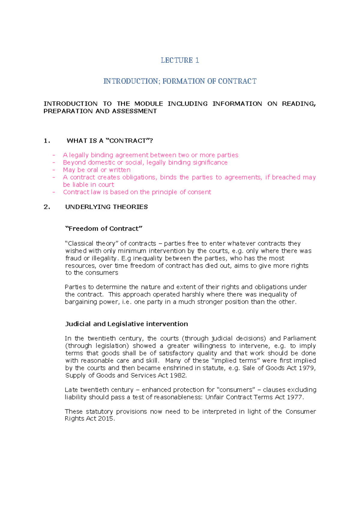 Law of contract - lecture 1 - LECTURE 1 INTRODUCTION; FORMATION OF CONTRACT INTRODUCTION TO THE ...