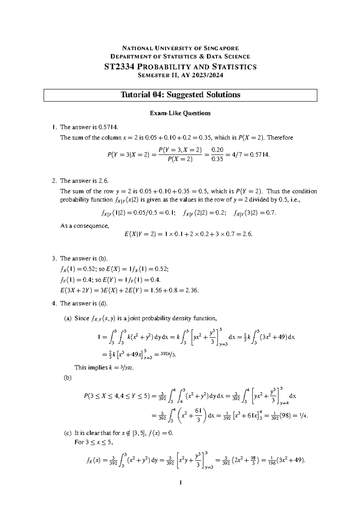 Tut04-sol - Tutorial 4 solution - NATIONAL UNIVERSITY OF SINGAPORE DEPARTMENT OF STATISTICS ...