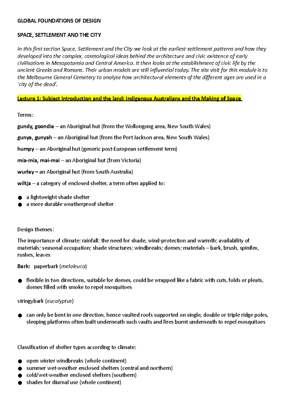 GFOD Notes - SPACE, SETTLEMENT AND THE CITY In this first section Space ...