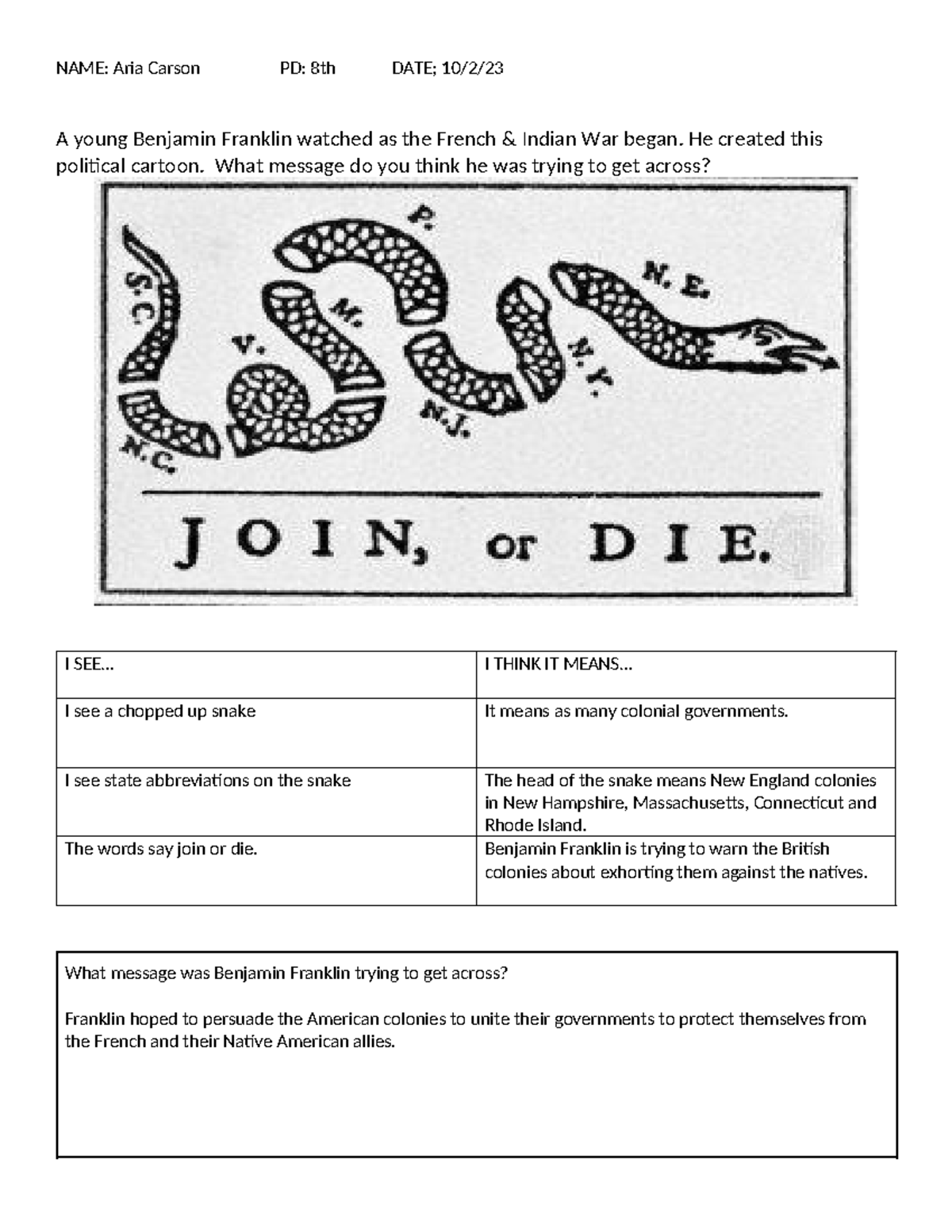 Adi} Join or Die Cartoon 2023-24 - NAME: Aria Carson PD: 8th DATE; 10/2 ...