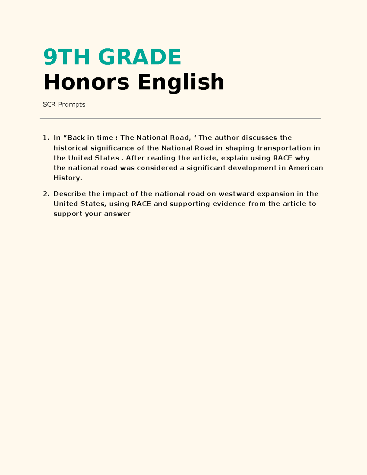 SCR Prompts - Sentence prompt - 9TH GRADE Honors English SCR Prompts 1 ...