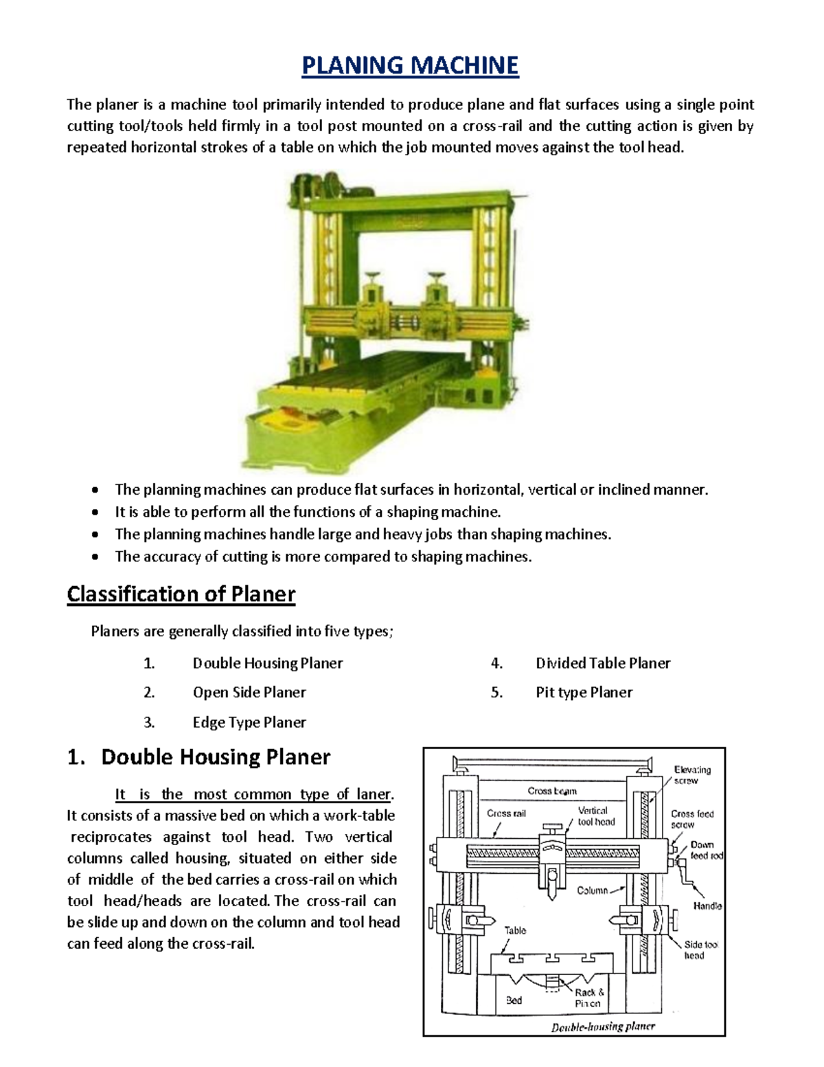 Planer - Note - PLANING MACHINE The planer is a machine tool primarily ...