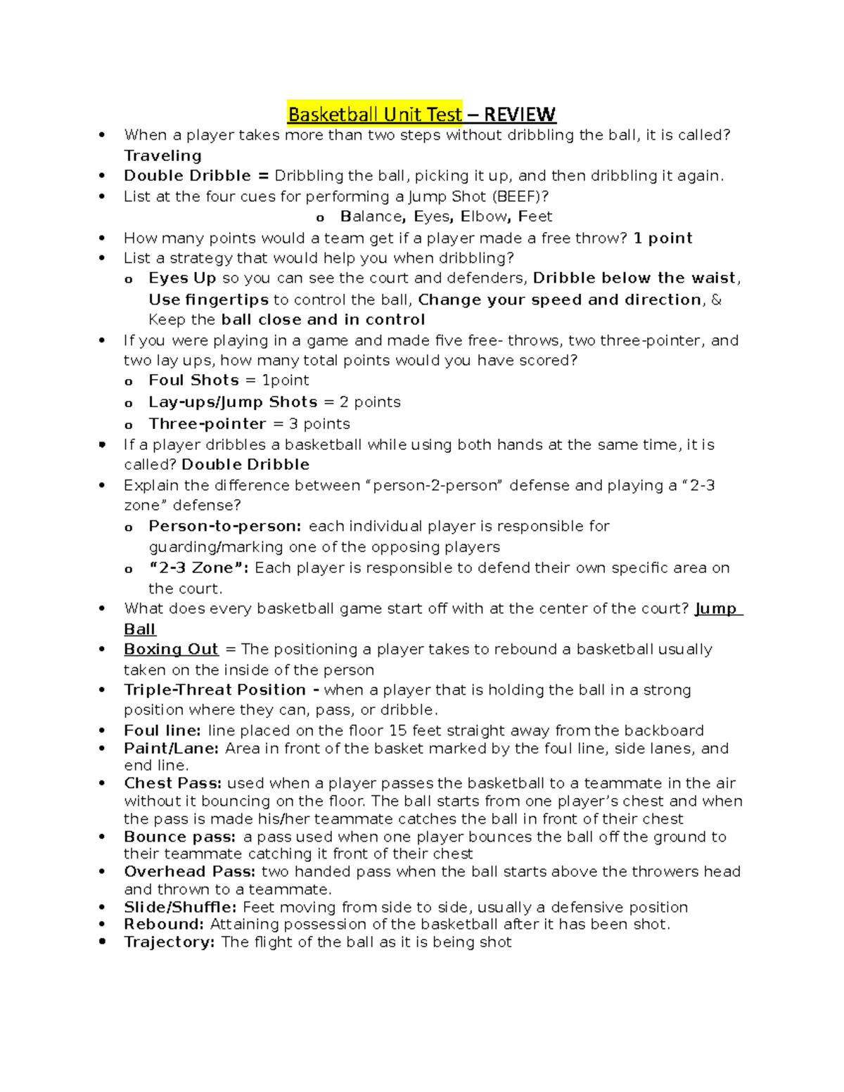 Basketball Unit Review - Basketball Unit Test – REVIEW When a player ...