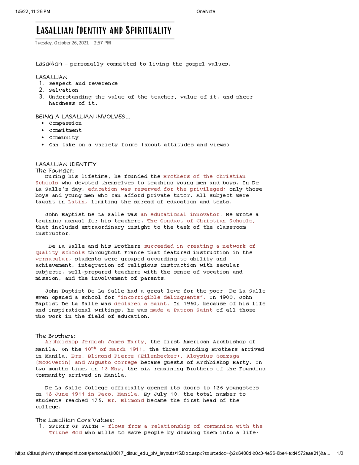 Lasallian Identity and Spirituality - 1/5/22, 11:26 PM OneNote - Studocu