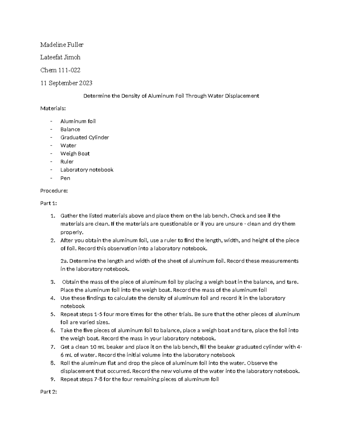 3 Fuller Madeline - Che111 Lab Report 3 - Madeline Fuller Lateefat ...