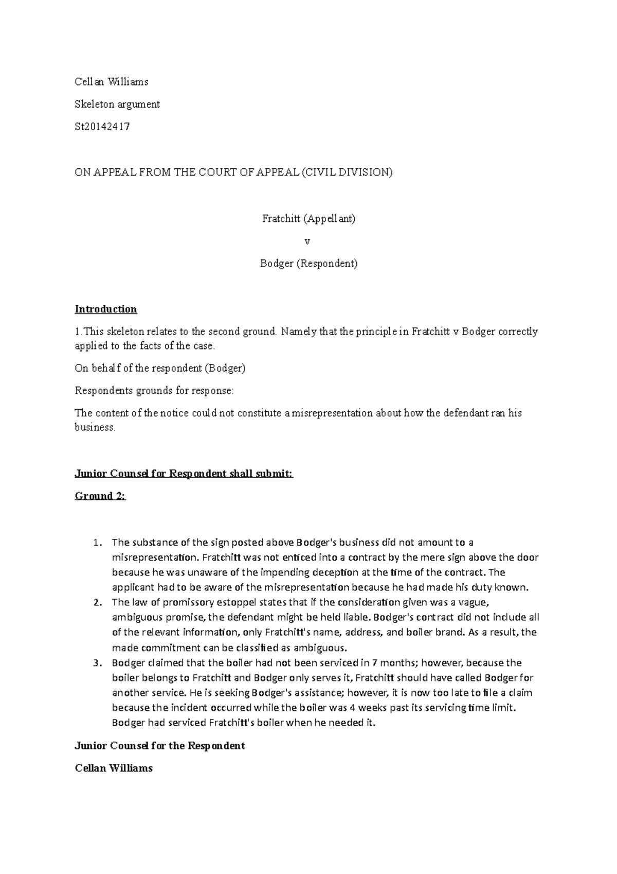 Skeleton Arguement - Law - Cellan Williams Skeleton argument St ON ...