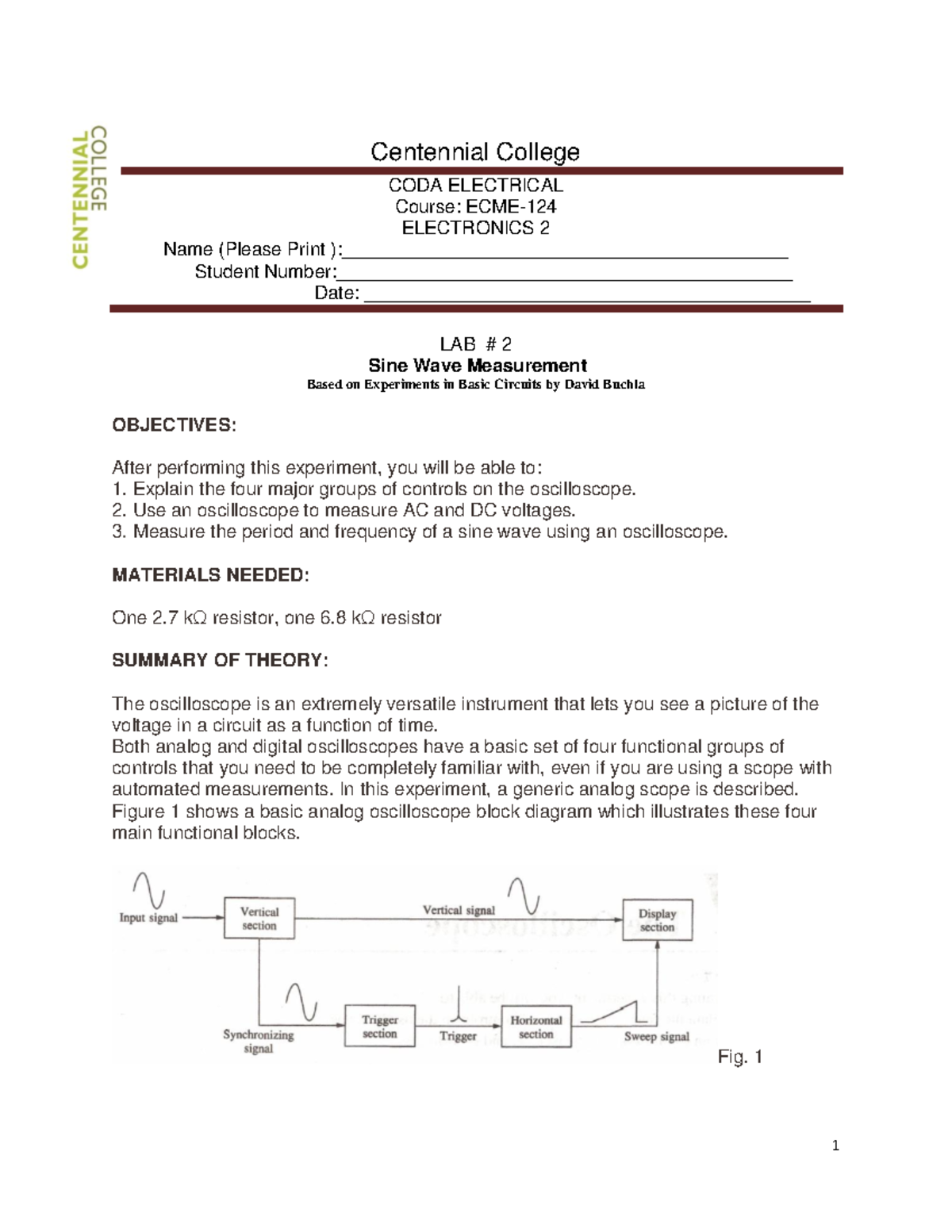 ECME-124 LAB #2 Sine Wave Measurements - Centennial College CODA ...