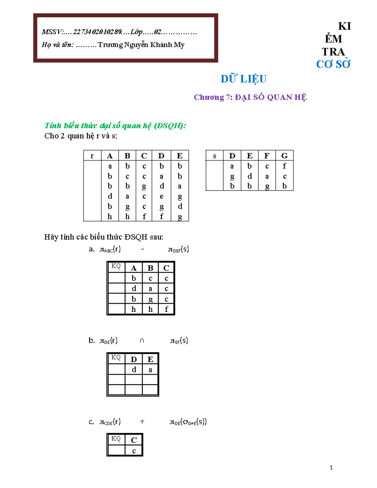 Bài Tập Csdl Chapter 7 Ki Ểm Tra CƠ SỞ DỮ LiỆu Chương 7 ĐẠi SỐ Quan HỆ Tính Biểu Thức đại Số 