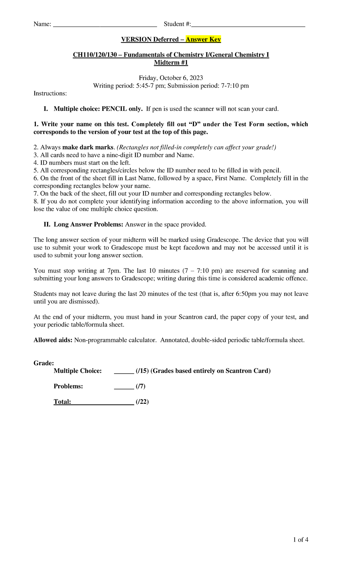 CH110-120-130 Midterm 1 2023 Version D Solutions - VERSION Deferred ...