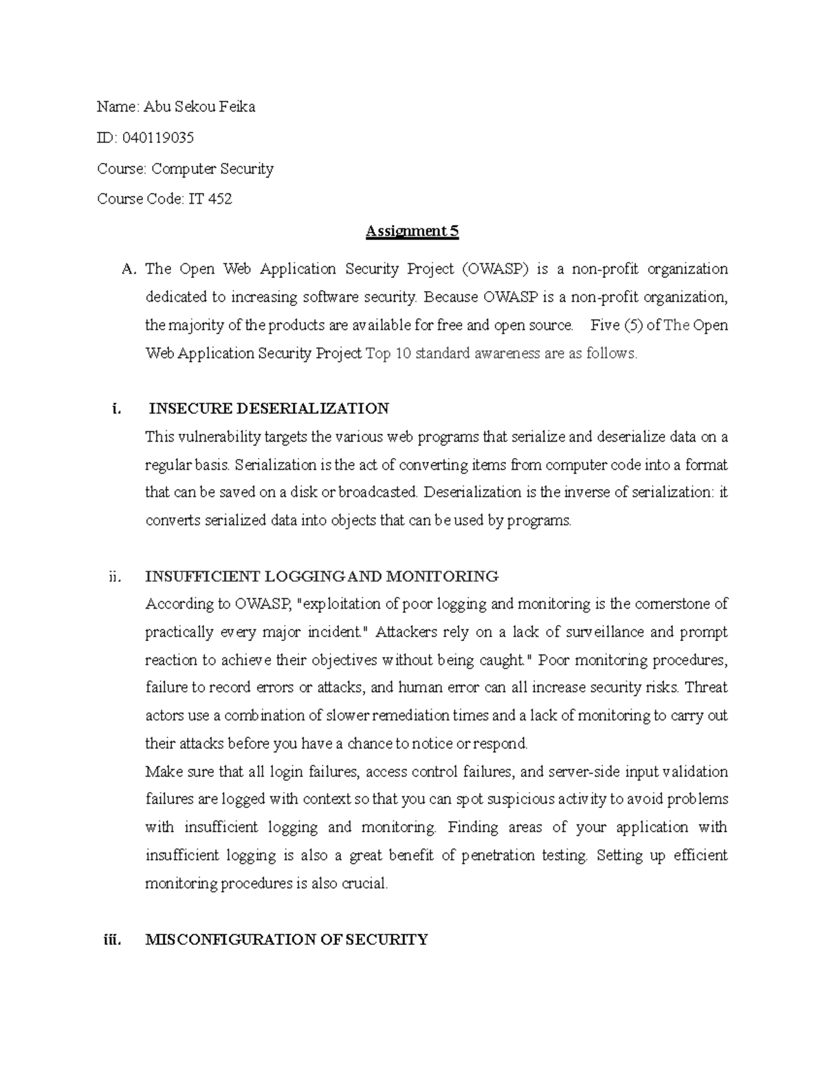 040119035-IT-452 - IT-452 COMPUTER SECURITY METHODS - Name: Abu Sekou ...
