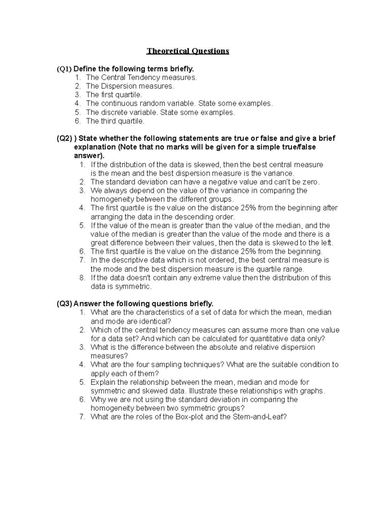 Theoretical Questions-last - Theoretical Questions (Q1) Define the ...