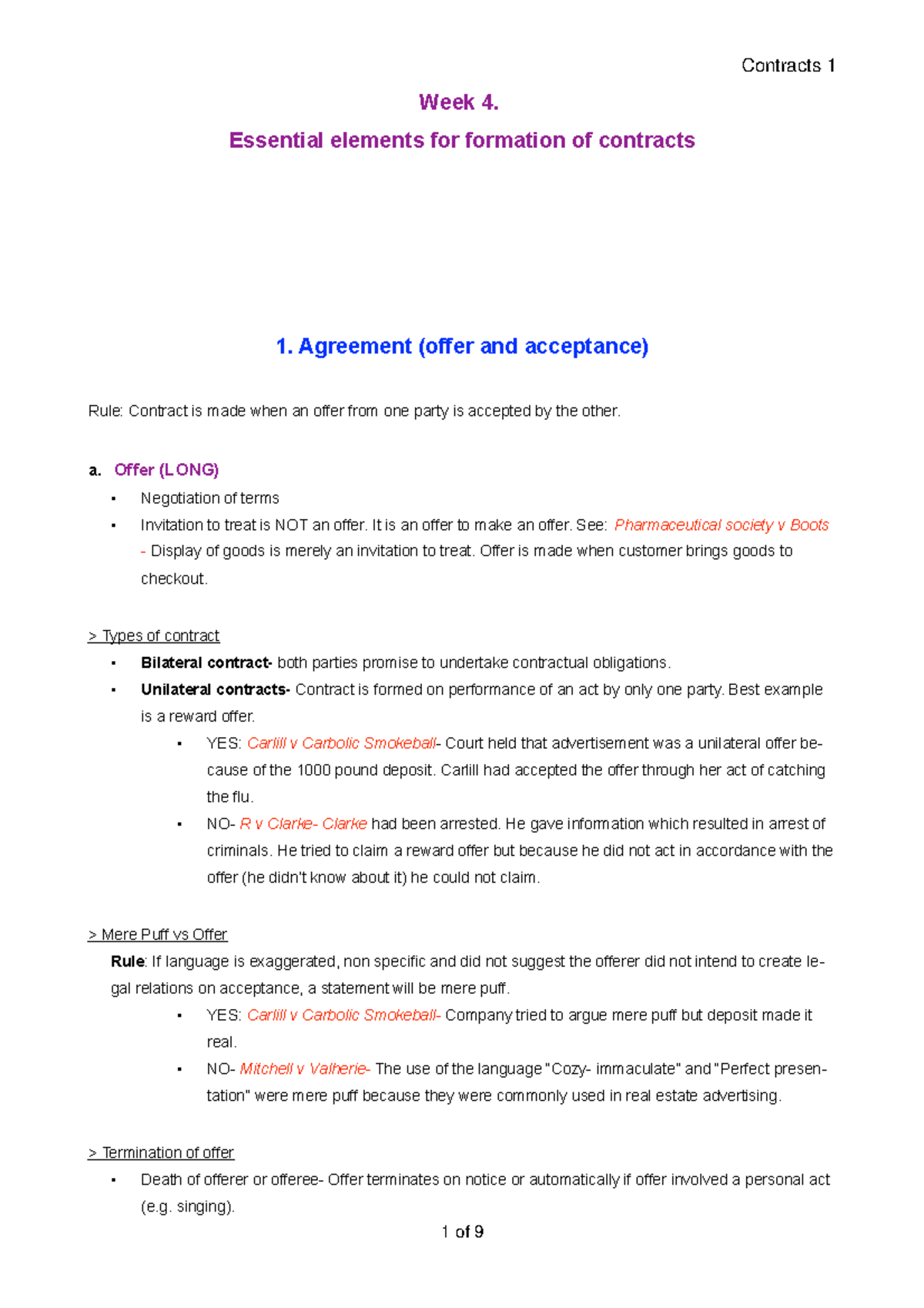 4 Contracts formation problem exam - Week 4. Essential elements for ...