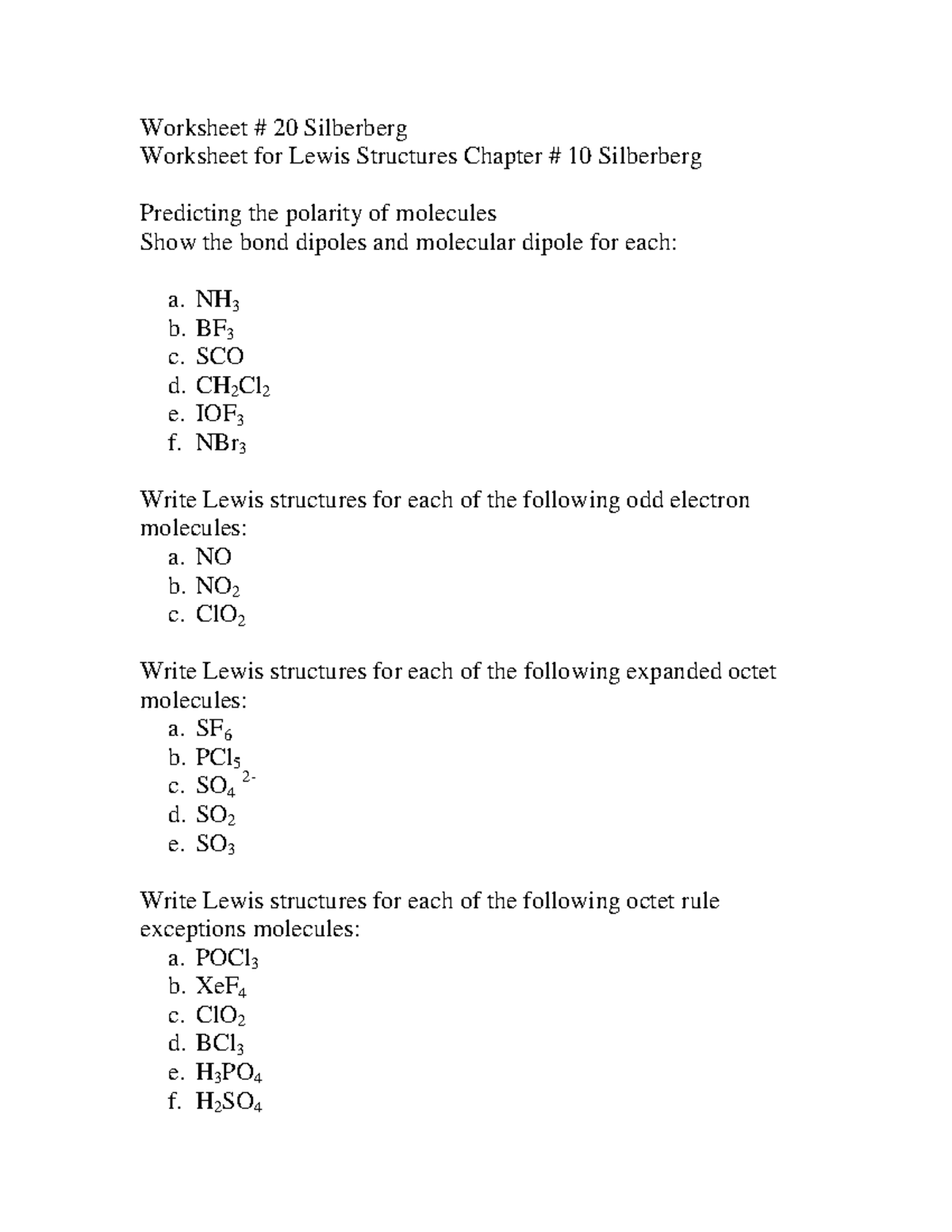 Lewis structure worksheet-1 - Worksheet # 20 Silberberg Worksheet for ...