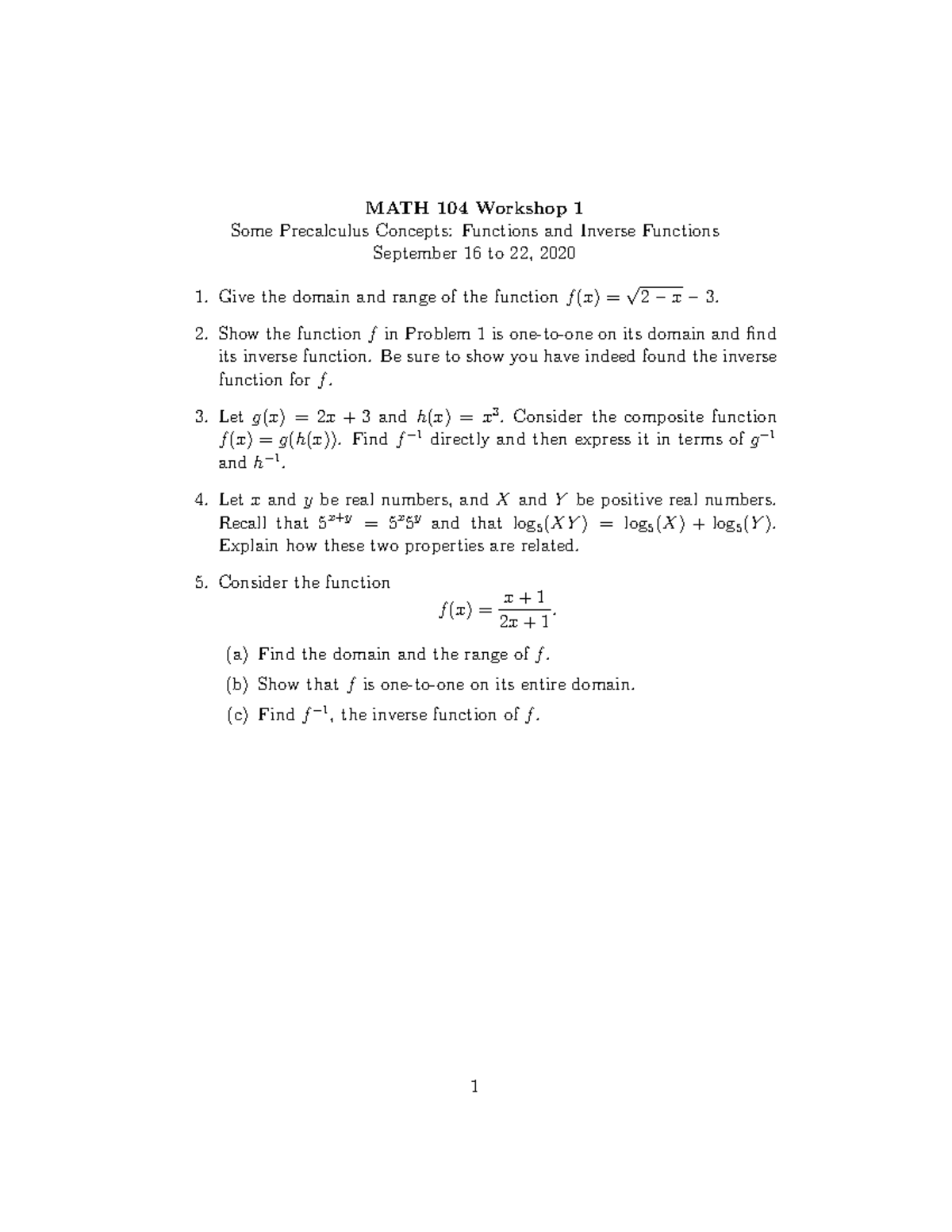 MATH 104 Workshop 1 - MATH 104 Workshop 1 Some Precalculus Concepts ...