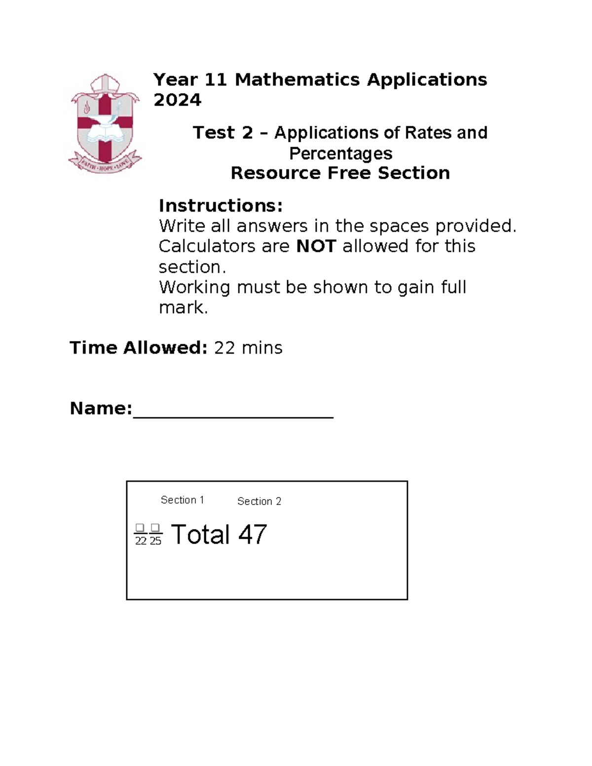 Test 2 Resource Free Section 2024 - Year 11 Mathematics Applications ...