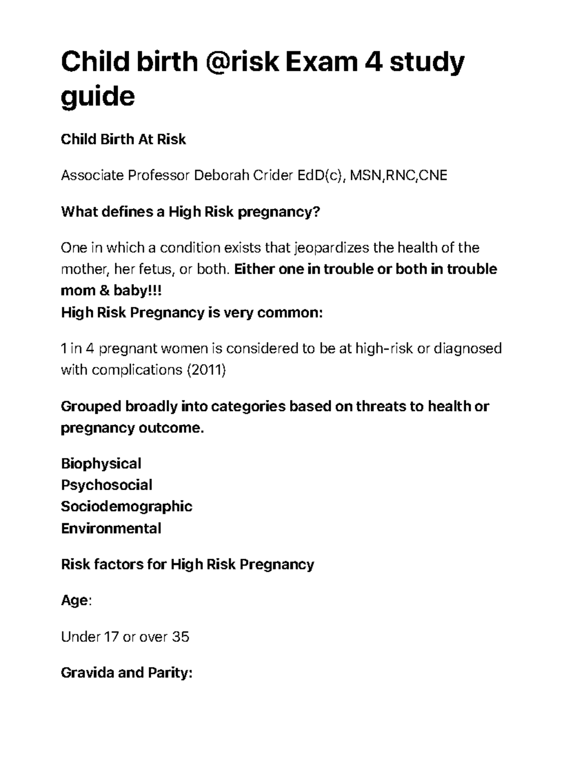 OB Exam 4 study guide - Child birth @risk Exam 4 study guide Child ...