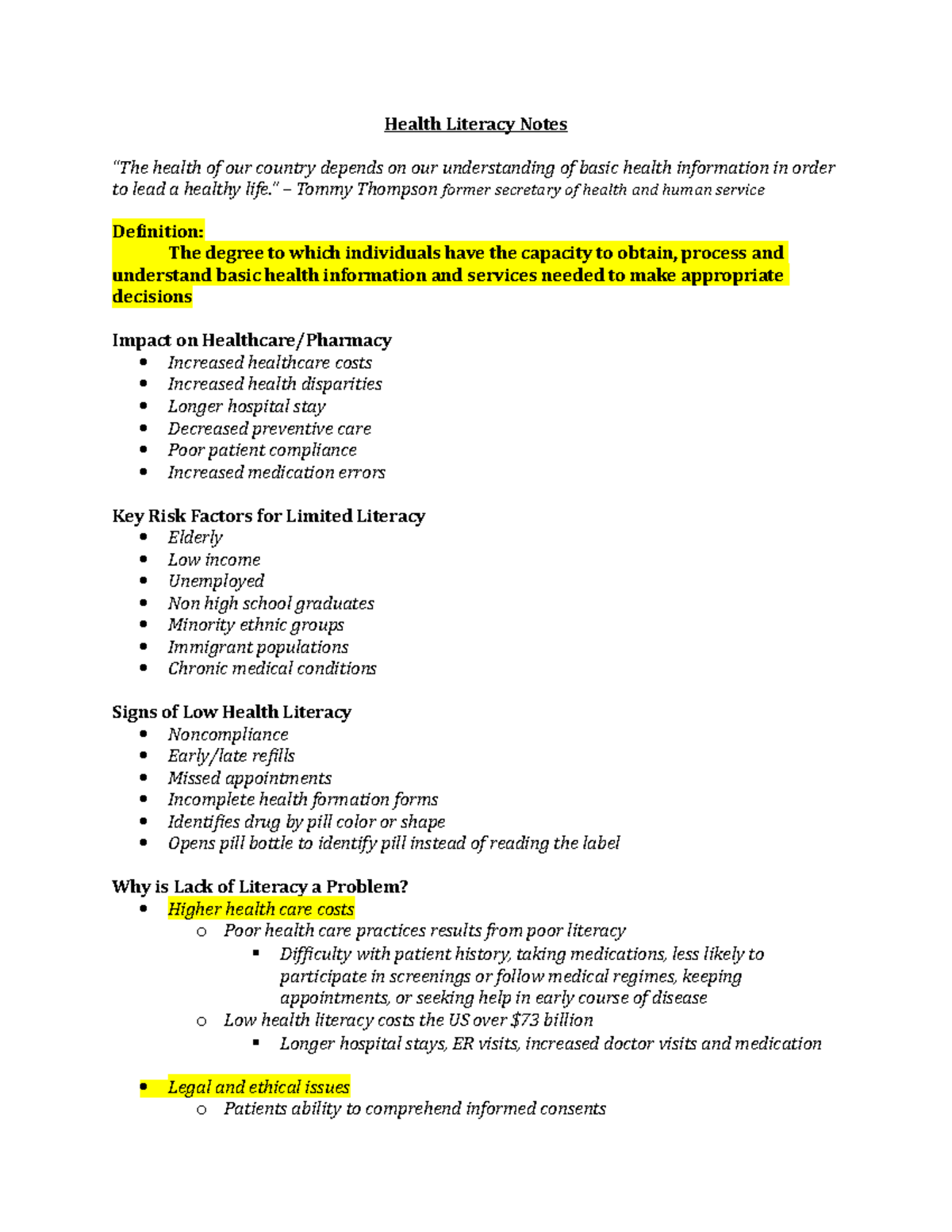 Health Literacy Notes - Dr. Dunn - Health Literacy Notes “The health of ...