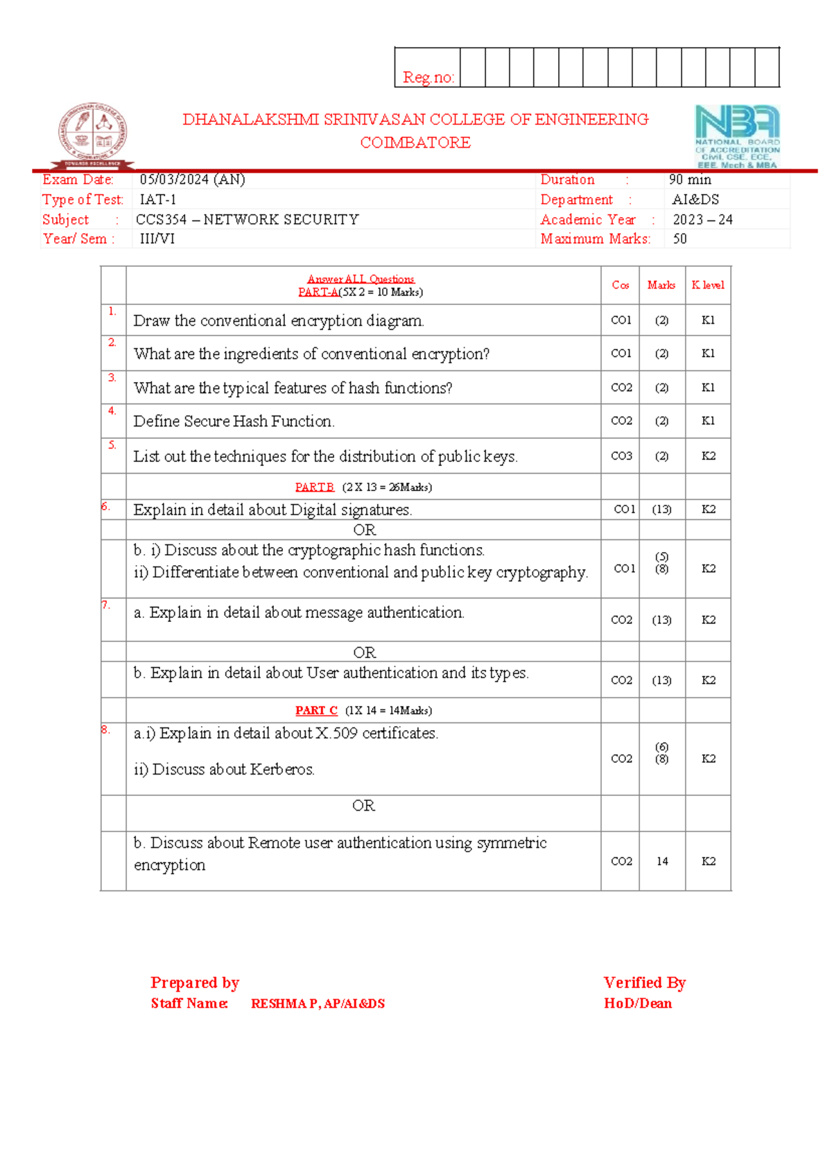 NS-1 set2 - DHANALAKSHMI SRINIVASAN COLLEGE OF ENGINEERING COIMBATORE Exam Date: 05/03/2024 (AN ...