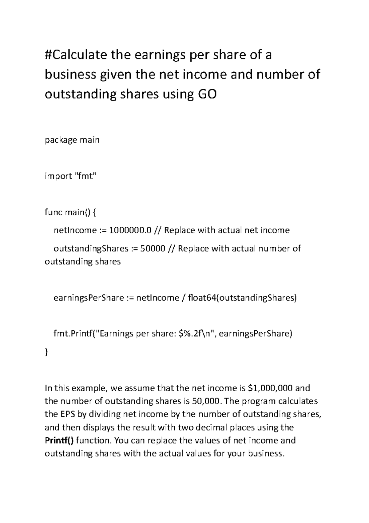 Income and number of outstanding shares using GO - #Calculate the ...