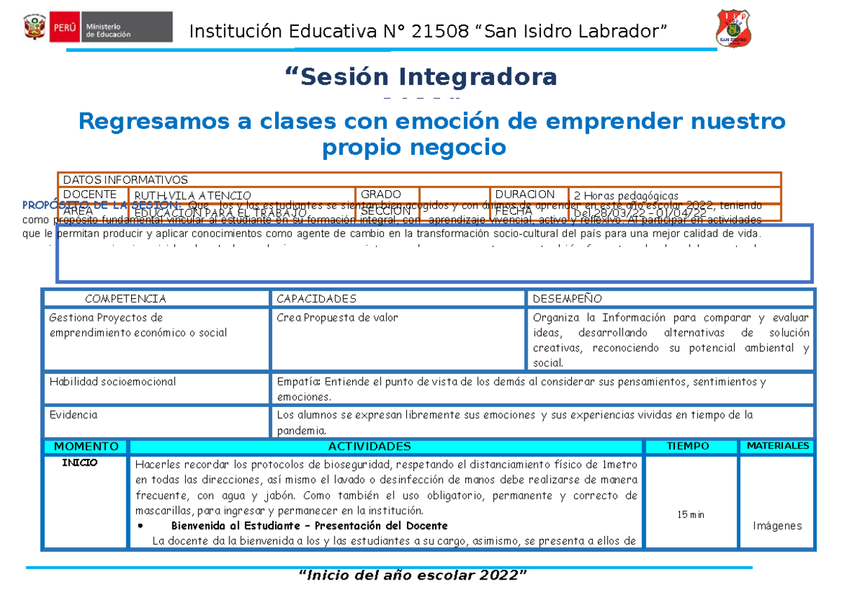Sesion DE EPT RUTH - Modelo de Experiencia de aprendizaje - Regresamos ...