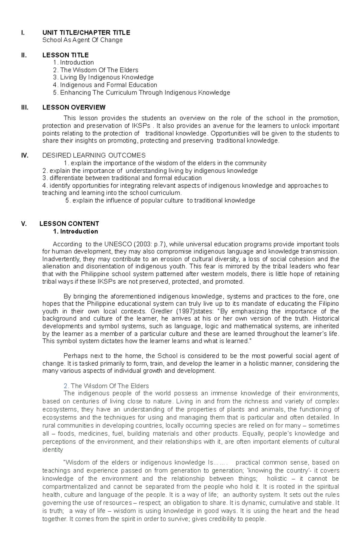 PIC Module 8 School AS Agent OF Change - I. UNIT TITLE/CHAPTER TITLE ...
