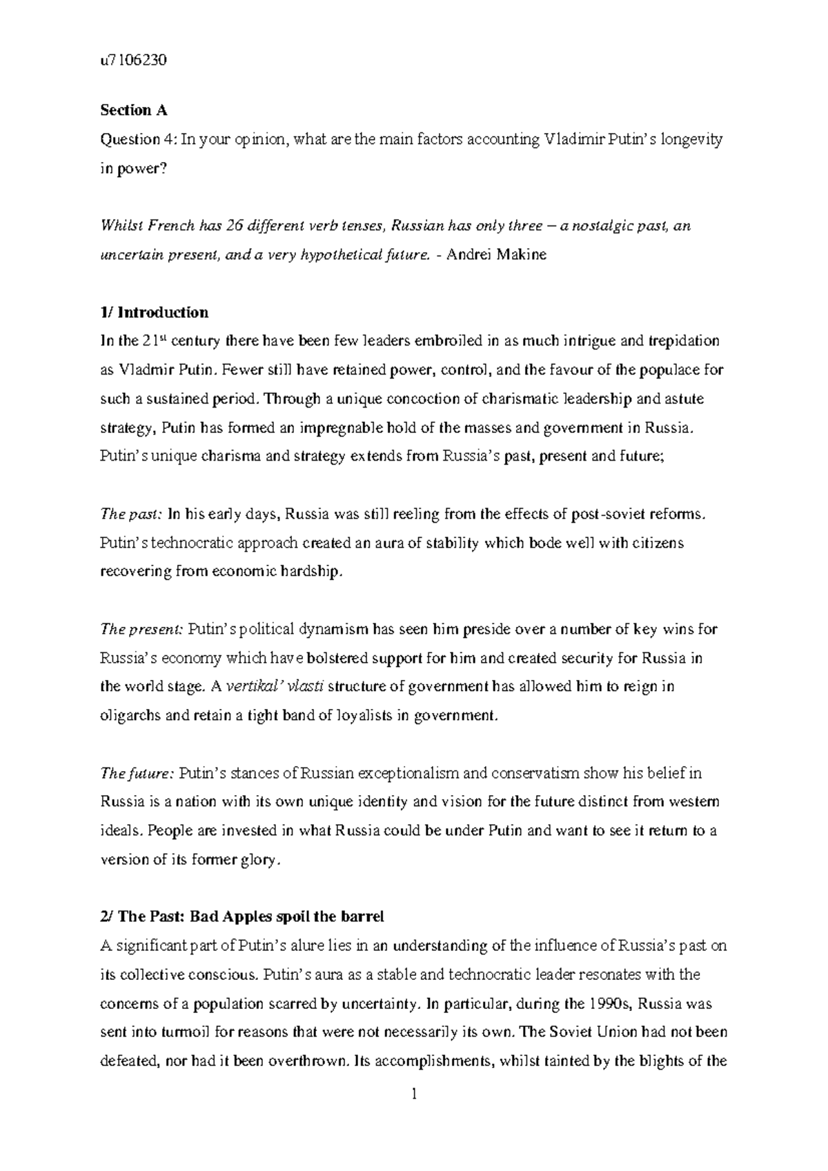 Politics in Russia Final Exam Take Home - Section A Question 4: In your ...