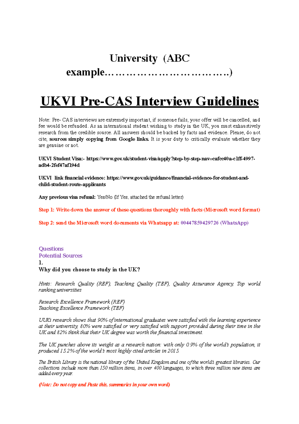 Updated Pre Cass Interview Preparation - University (ABC example ...