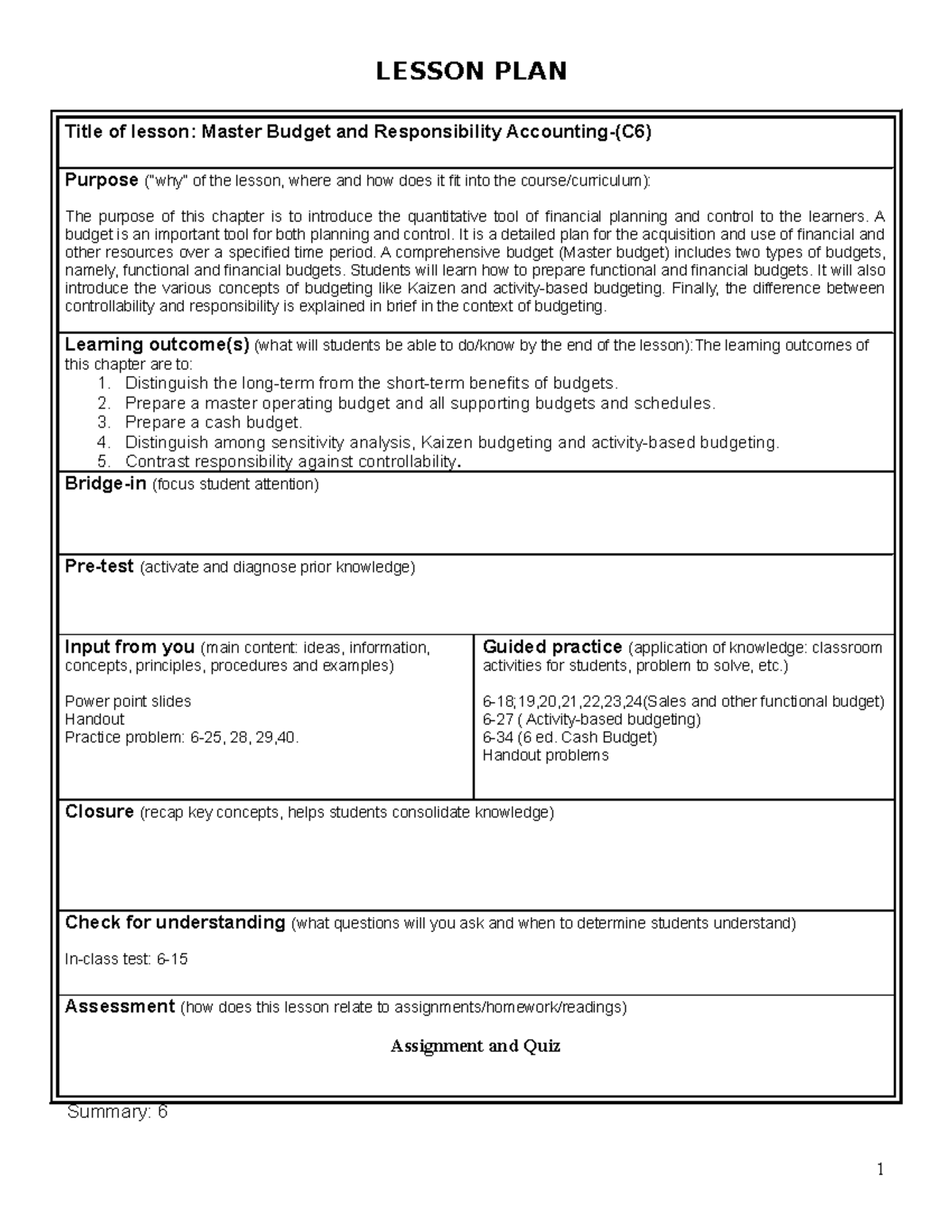 Lesson Plan-71260 C6-Master Budget - LESSON PLAN Title of lesson ...