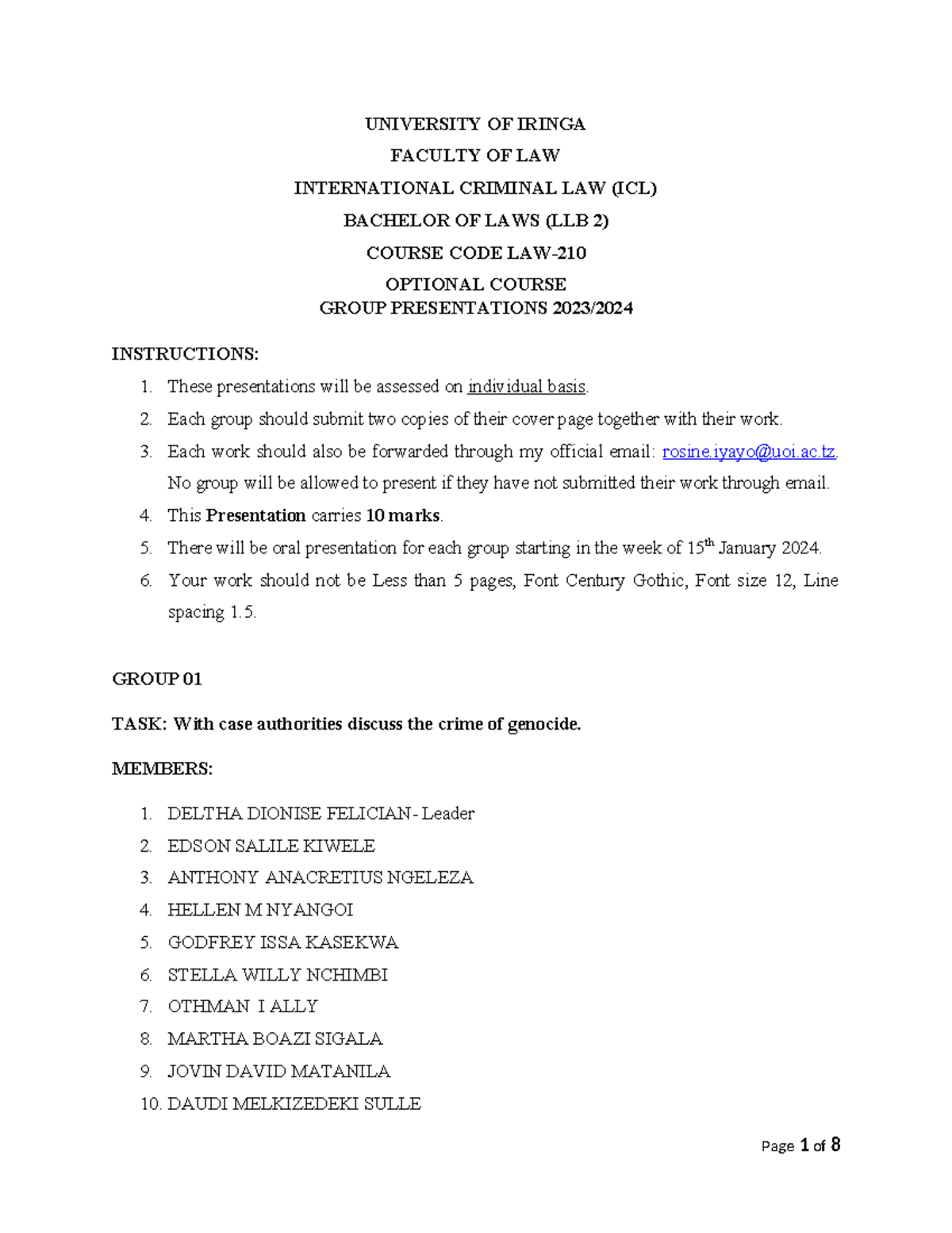 ICL Group Presentations 2024 - UNIVERSITY OF IRINGA FACULTY OF LAW ...