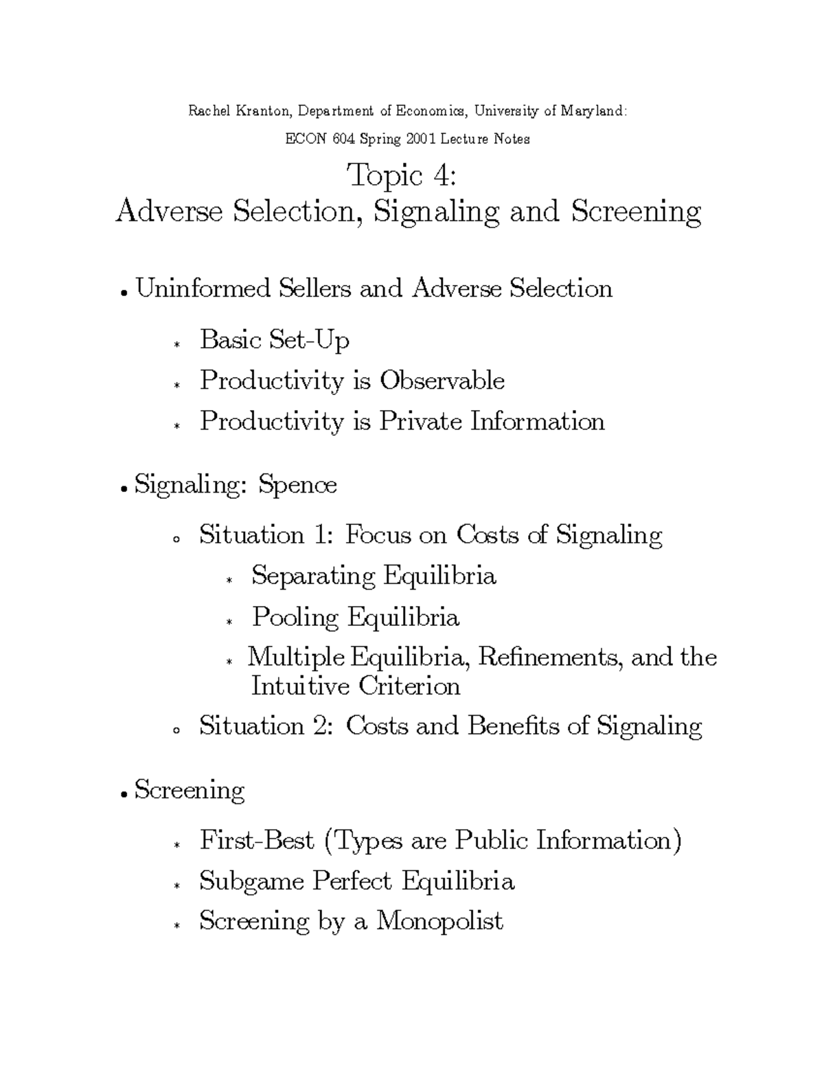 signaling spence - Rachel Kranton, Department of Economics, University ...