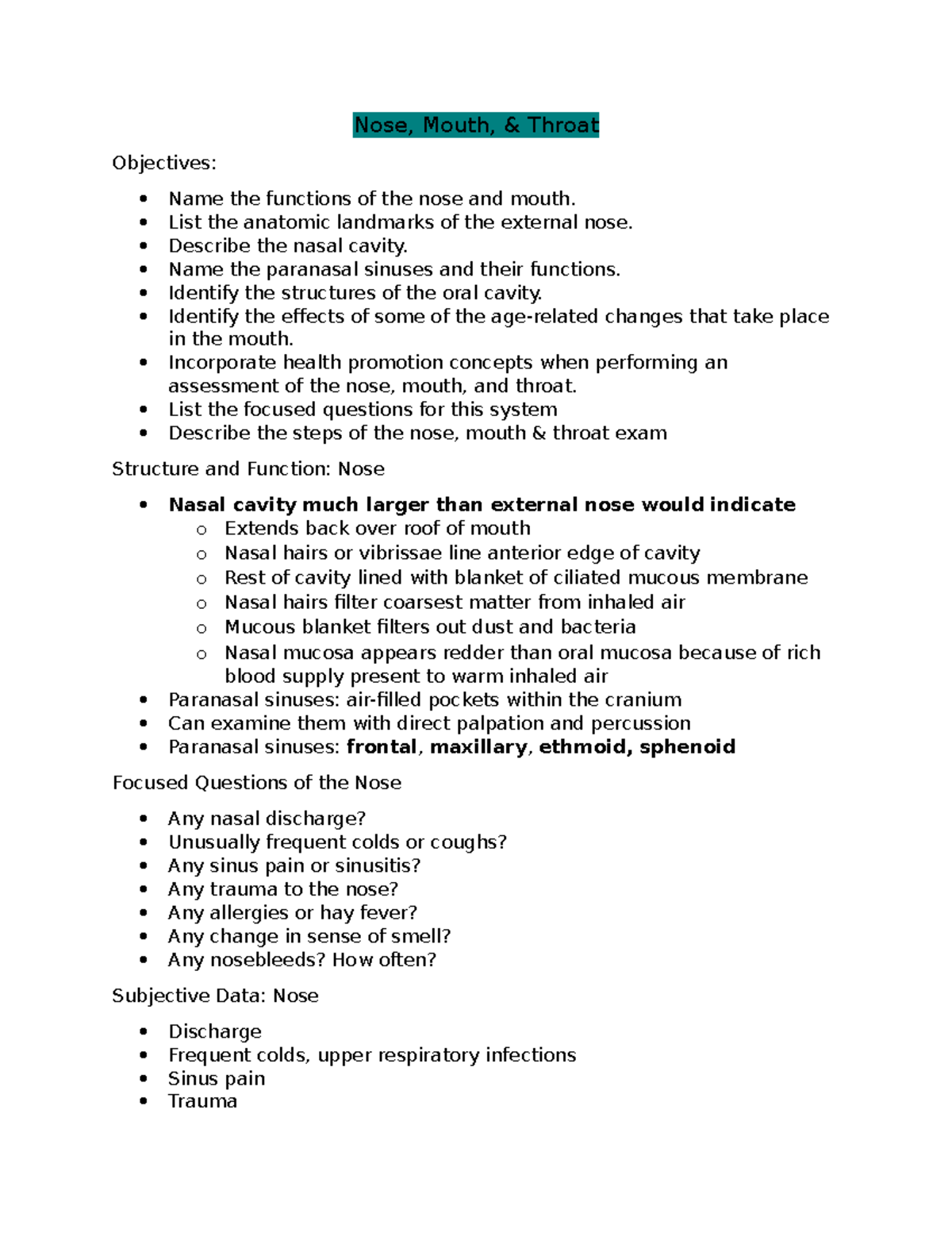 NU215 Noes, Mouth, Throat Notes - Nose, Mouth, & Throat Objectives ...