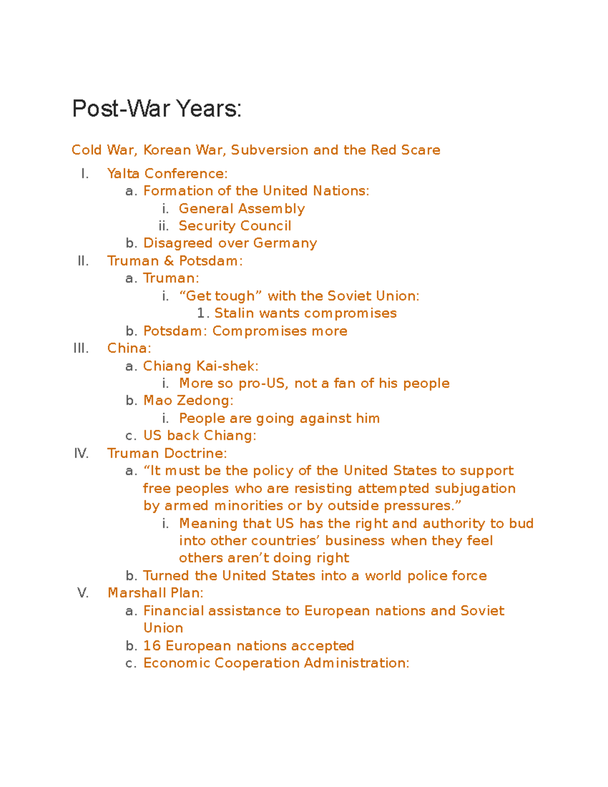 Postwar Notes - HIST 1302: Professor Durso - Post-War Years: Cold War ...