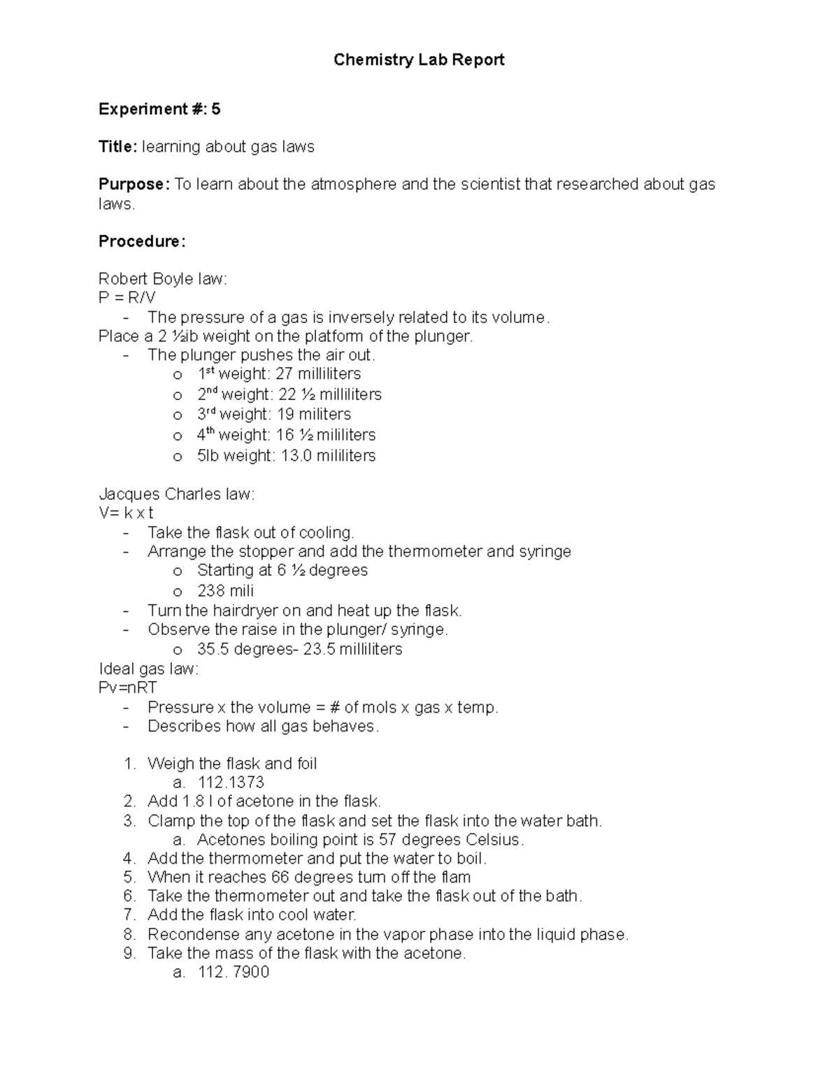 Chemistry Lab Report 4 - this is for labs - Chemistry Lab Report ...
